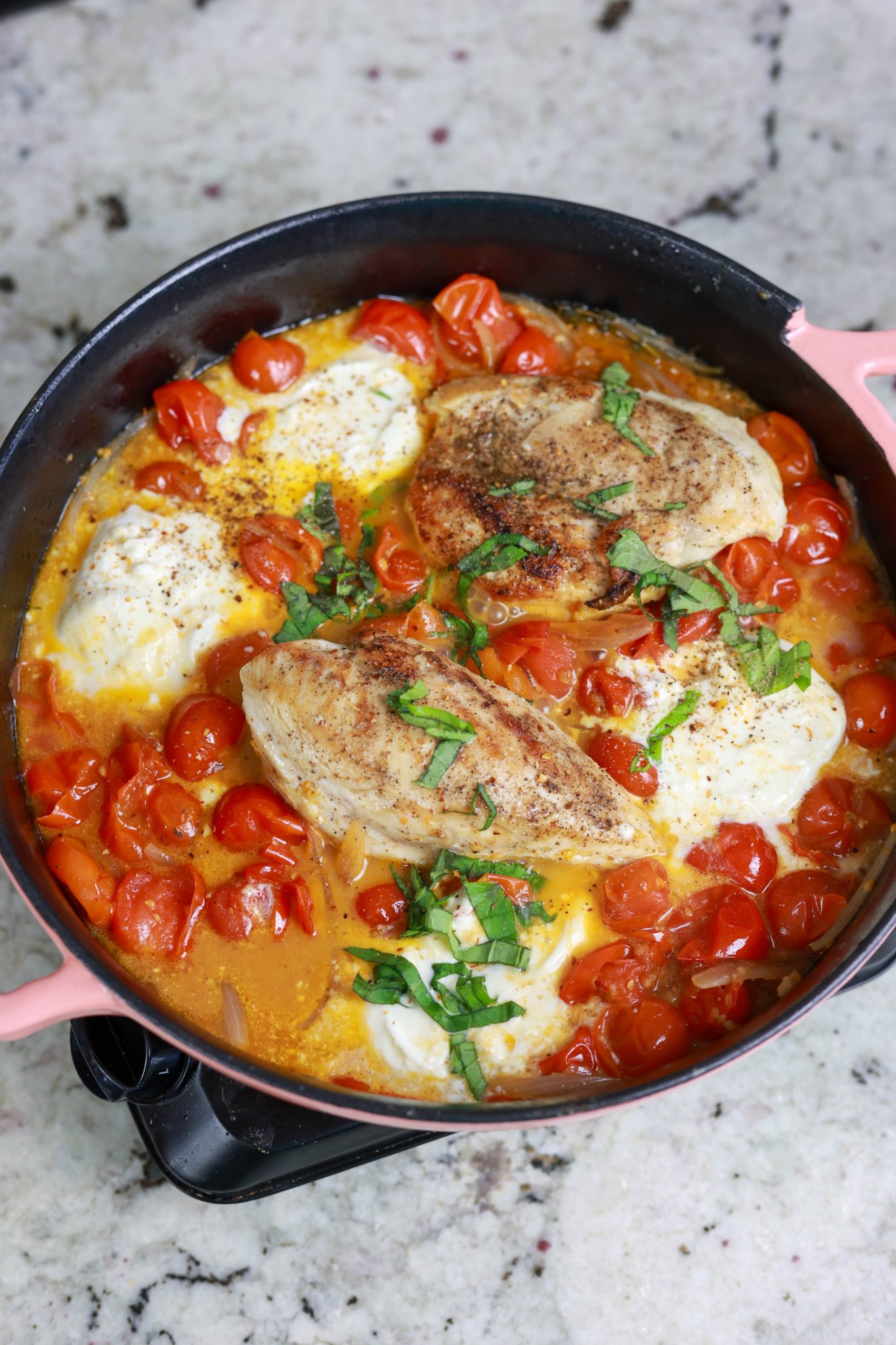 Chicken Burrata Skillet Dinner with Braised Tomatoes | Homemade Food Junkie